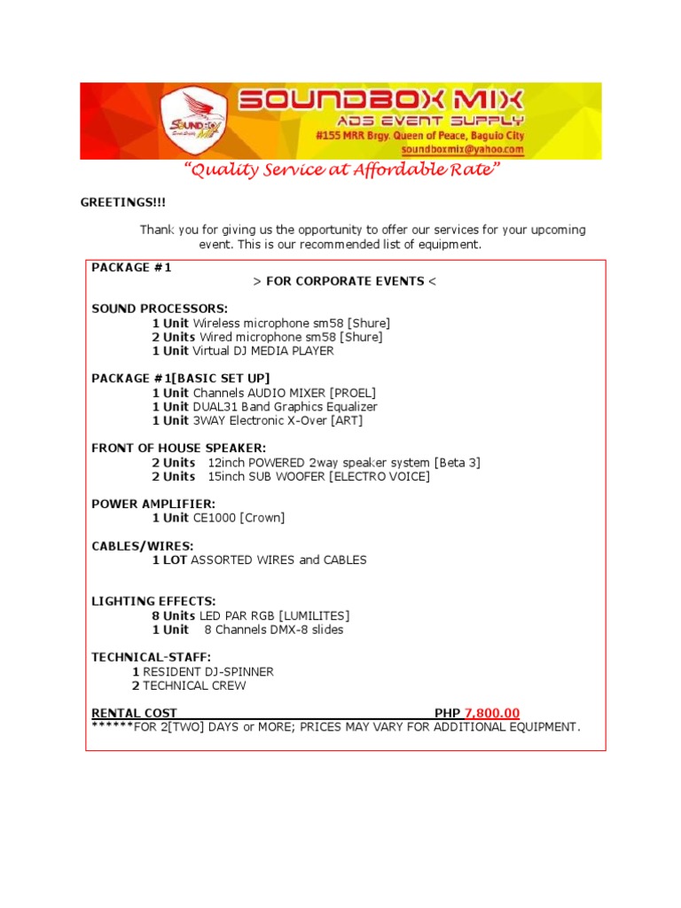 Soundbox Mix Price List Rates For Corportae Events 1 | PDF | Disc ...