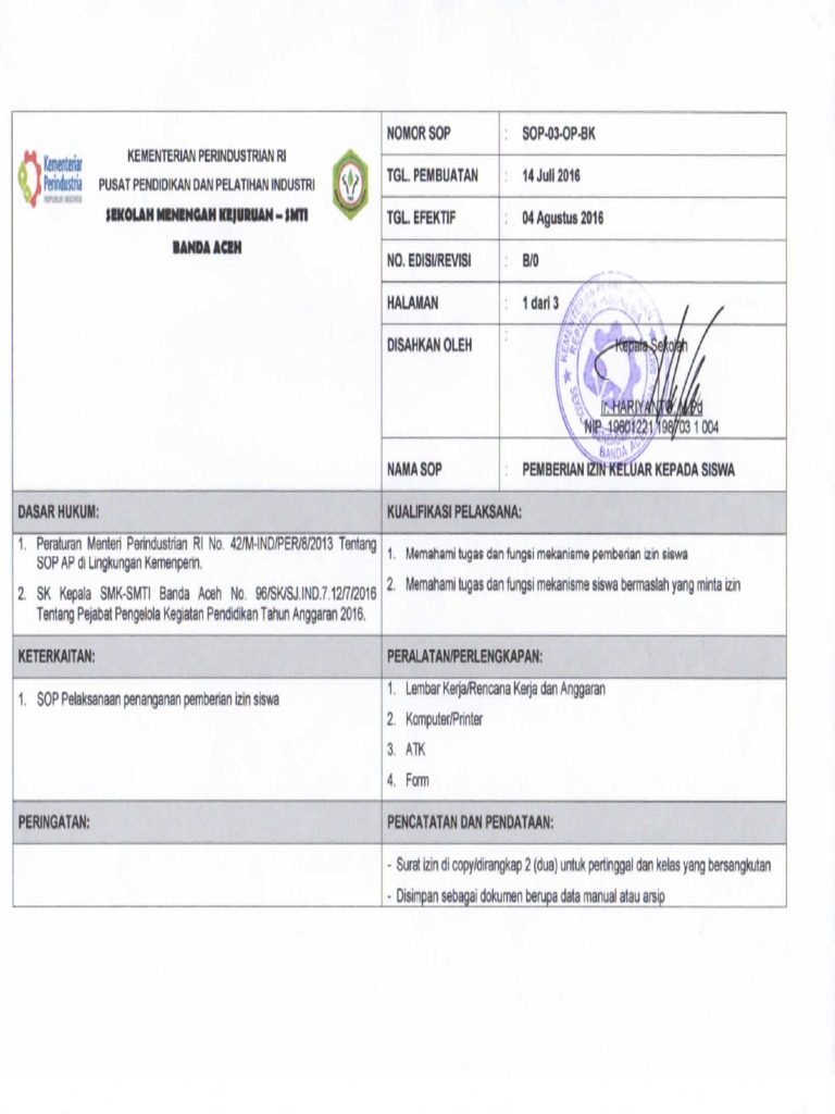 Bk03-Sop Pemberian Izin Keluar Siswa PDF | PDF