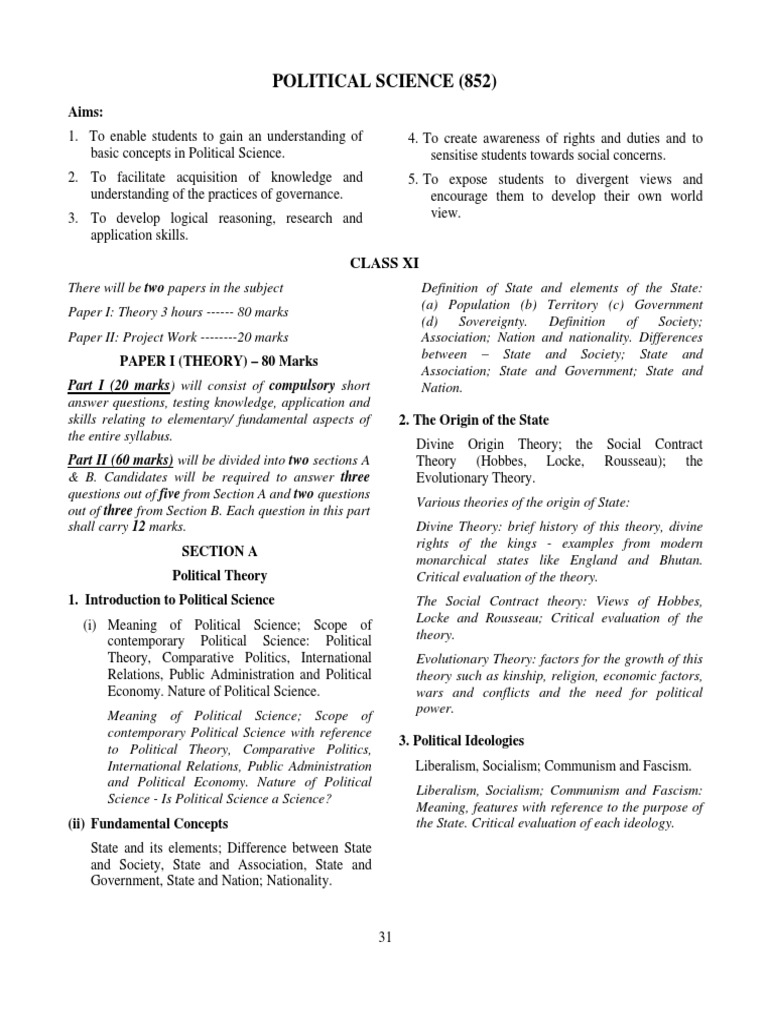 ISC Class 11 Political Science Syllabus | PDF | Sovereignty | State ...