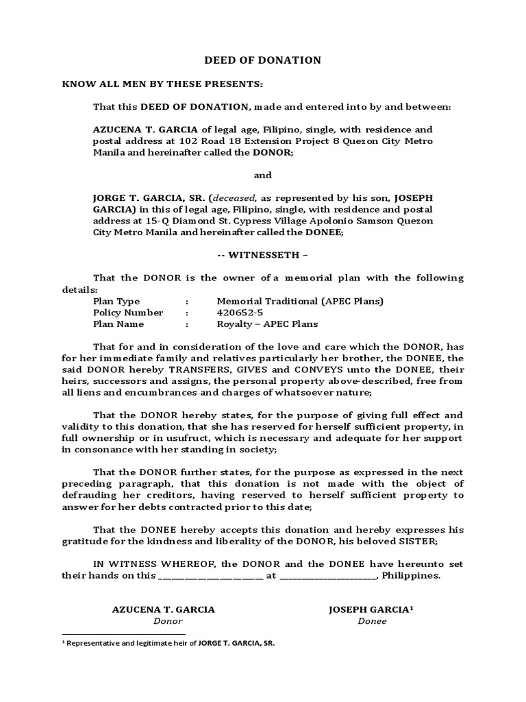 DEED OF DONATION Memorial Plan | Deed | Property Law