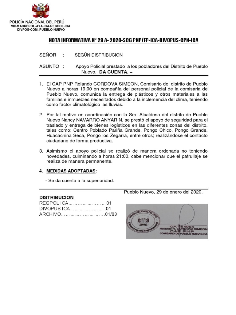 NOTA INFORMATIVA N°29 A - 2020 - Apoyo Policial Prestado A Los Pobladores Del Distrito de Pueblo ...