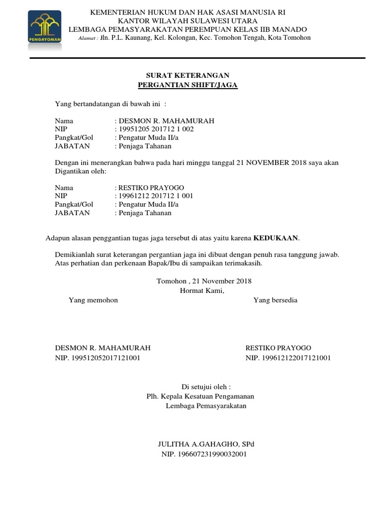 SURAT IZIN Tukar Shift | PDF