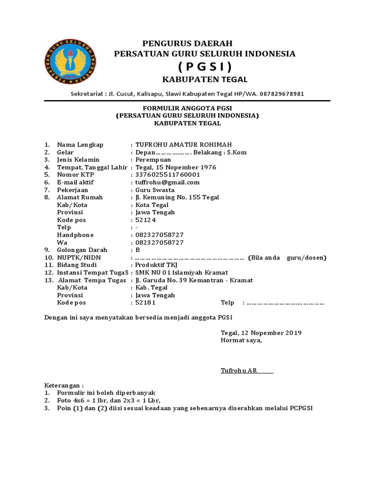 Formulir Anggota Pgsi | PDF