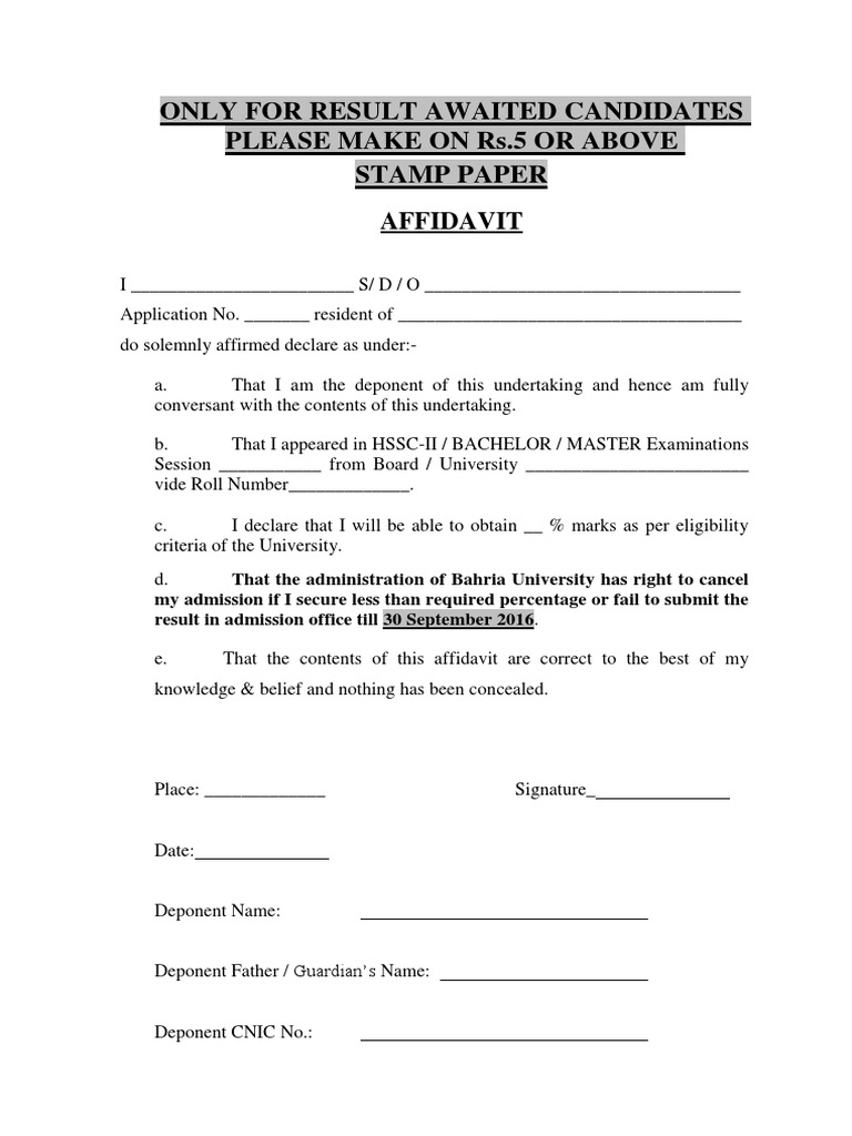 Specimen Affidavit For Result Pending Candidates | PDF