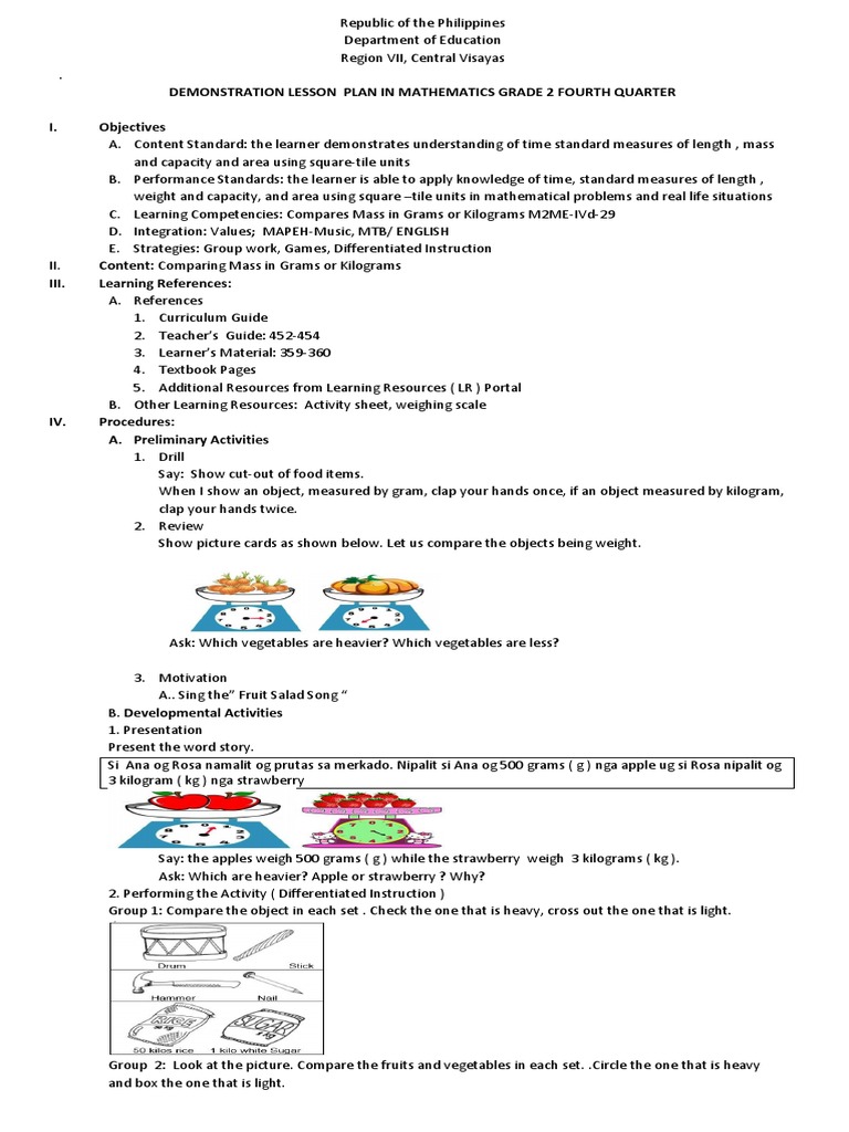 Grade 2 COT MATH Q4 | PDF | Kilogram | Weight
