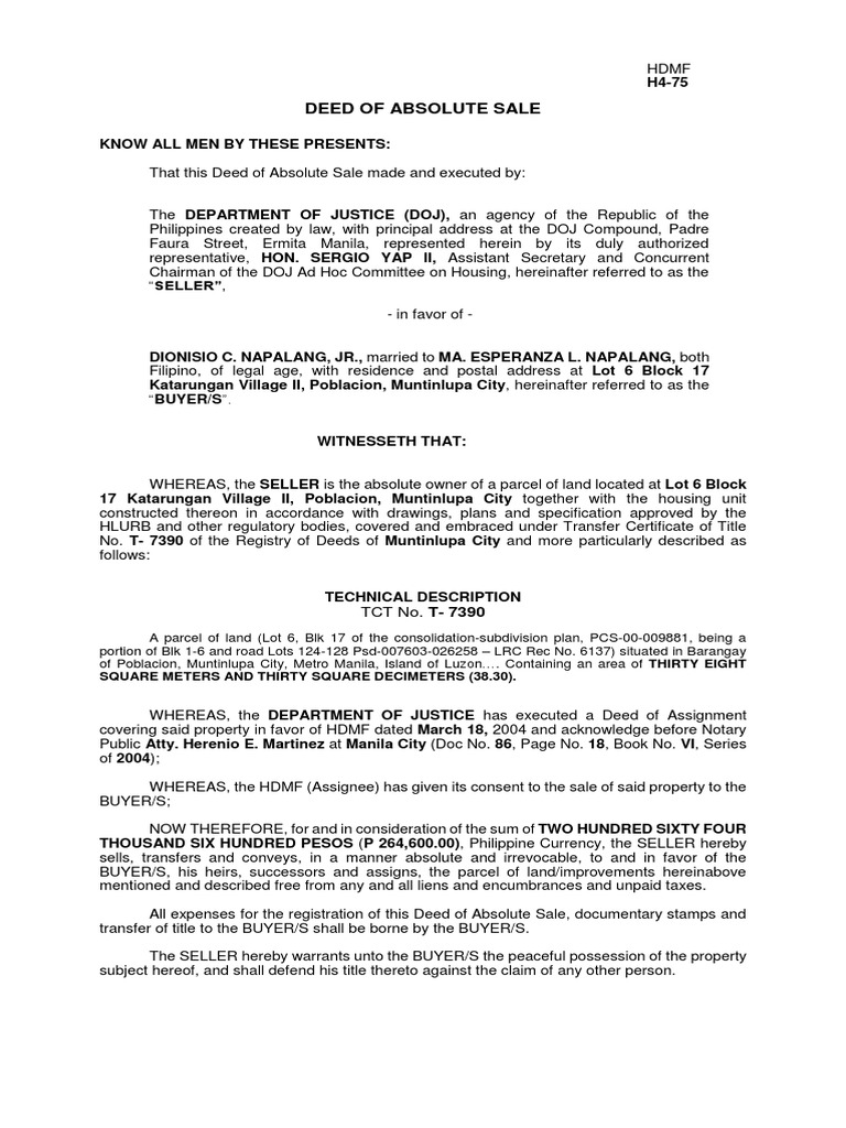 Deed of Absolute Sale | PDF | Property Law | Social Institutions