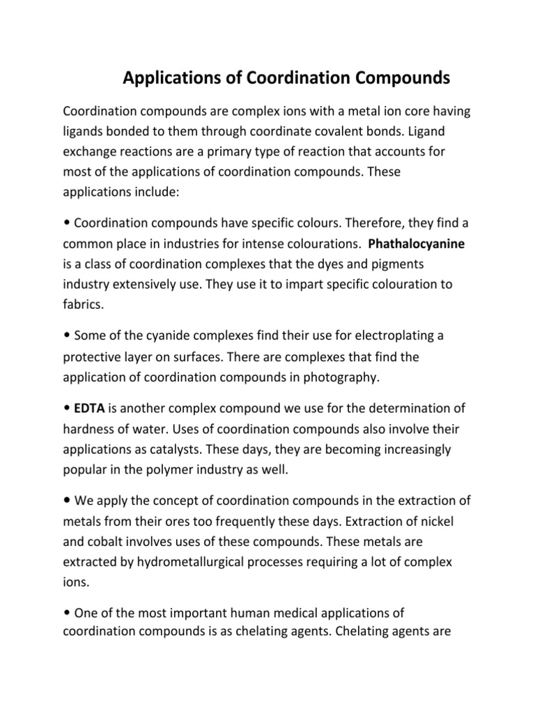 Applications Of Coordination Compounds PDF Chelation Coordination