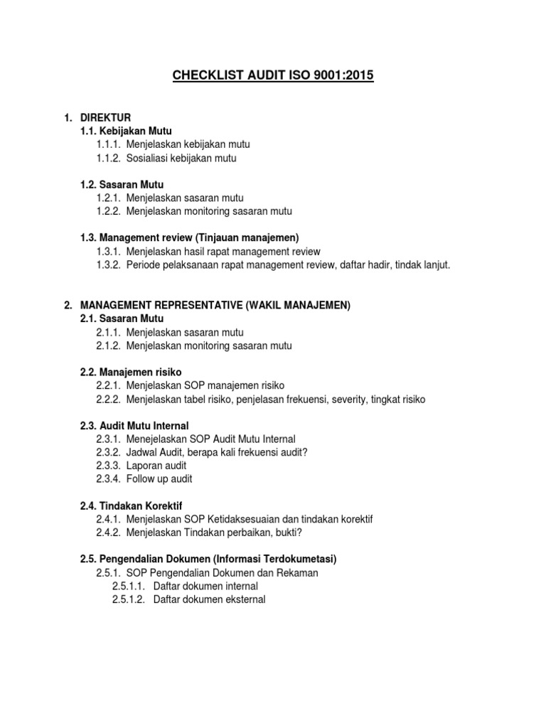 Contoh Checklist Audit 9001 - 2015 | PDF