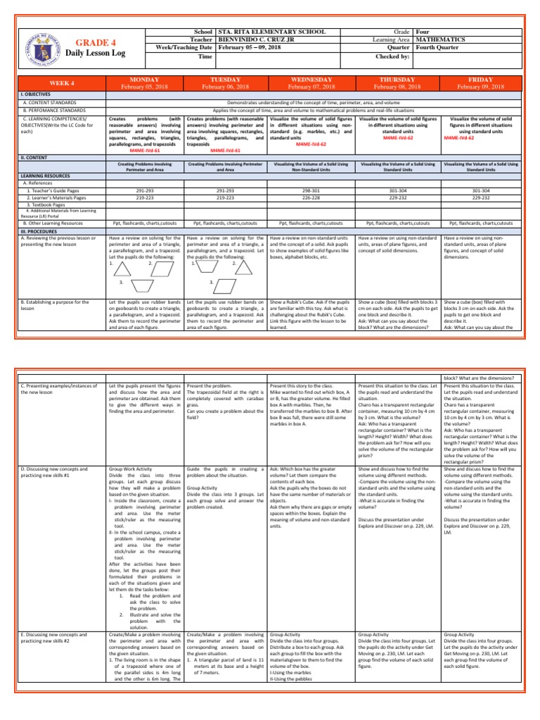 Grade 4 DLL Quarter 4 Week 4 (Sir Bien Cruz) - For Merge | PDF | Area ...