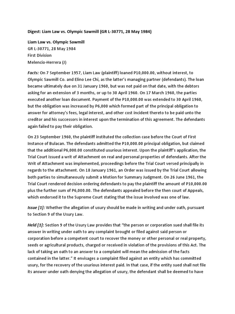 Liam Law Vs Olympic Sawmill Digest | PDF | Usury | Lawsuit