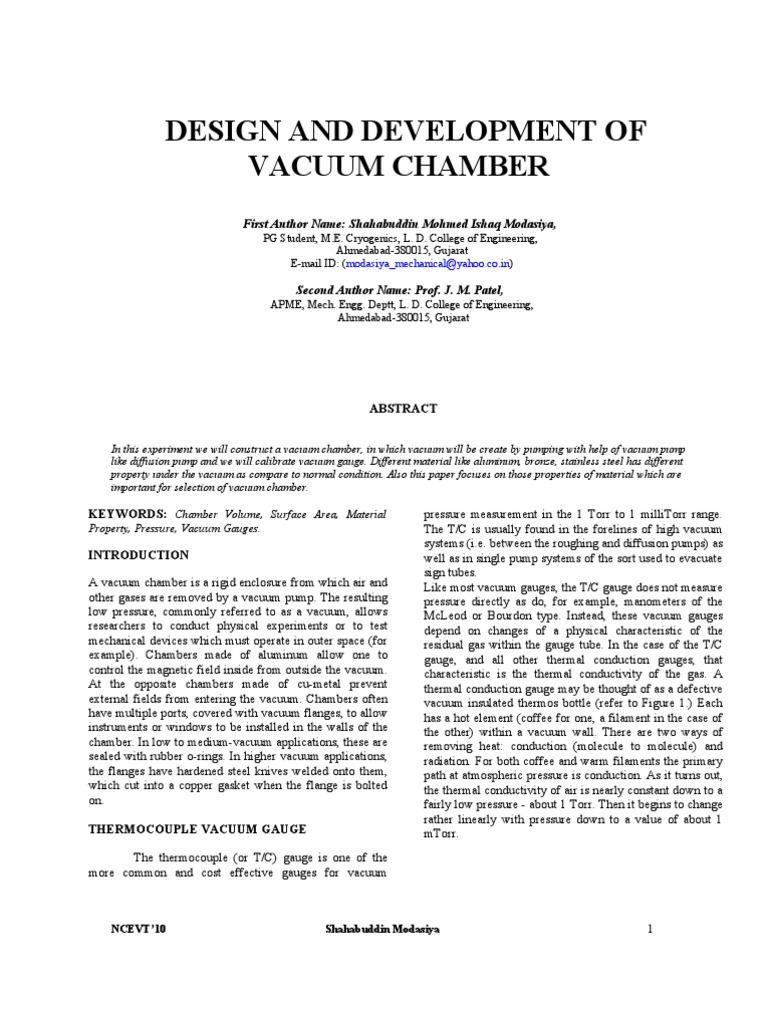 Design and Development of a Vacuum Chamber | PDF | Vacuum | Pressure ...