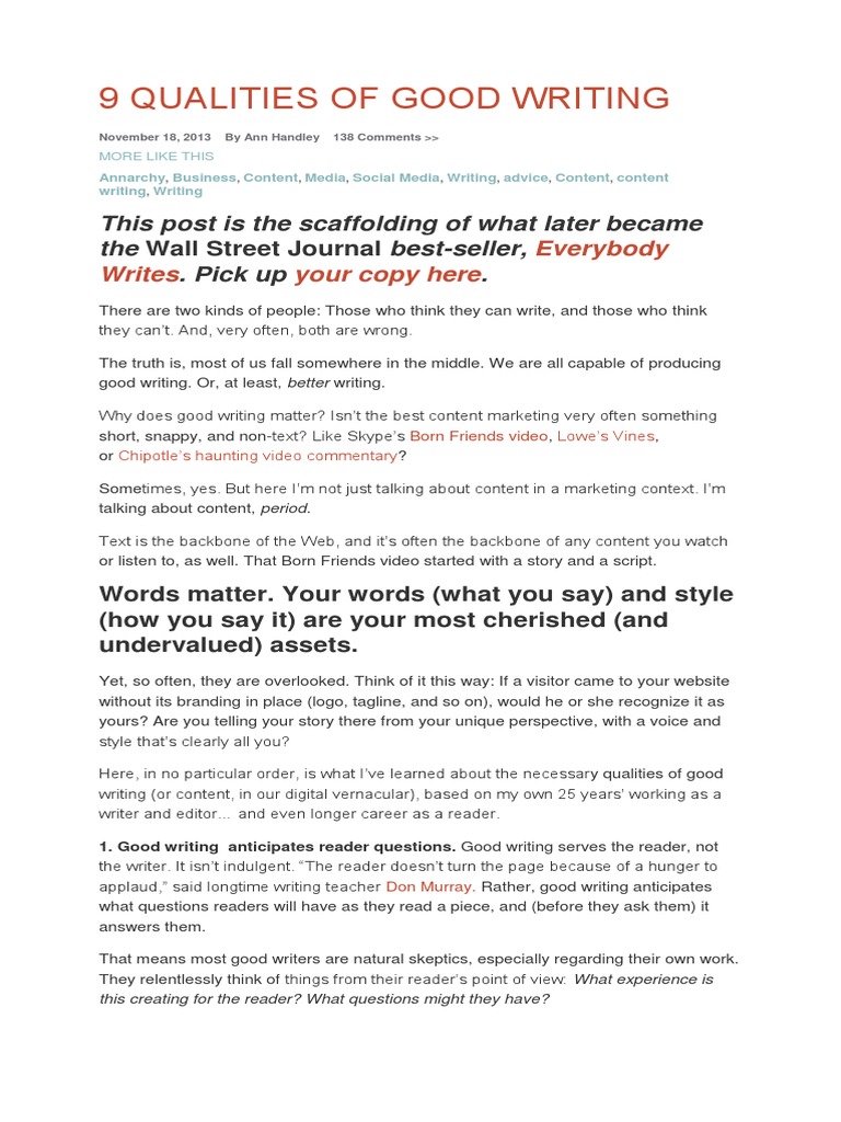 9 Qualities of Good Writing | PDF | Writers | Narrative