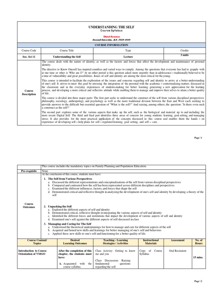 UTS Course Syllabus: Understanding Self | PDF | Self | Identity (Social ...