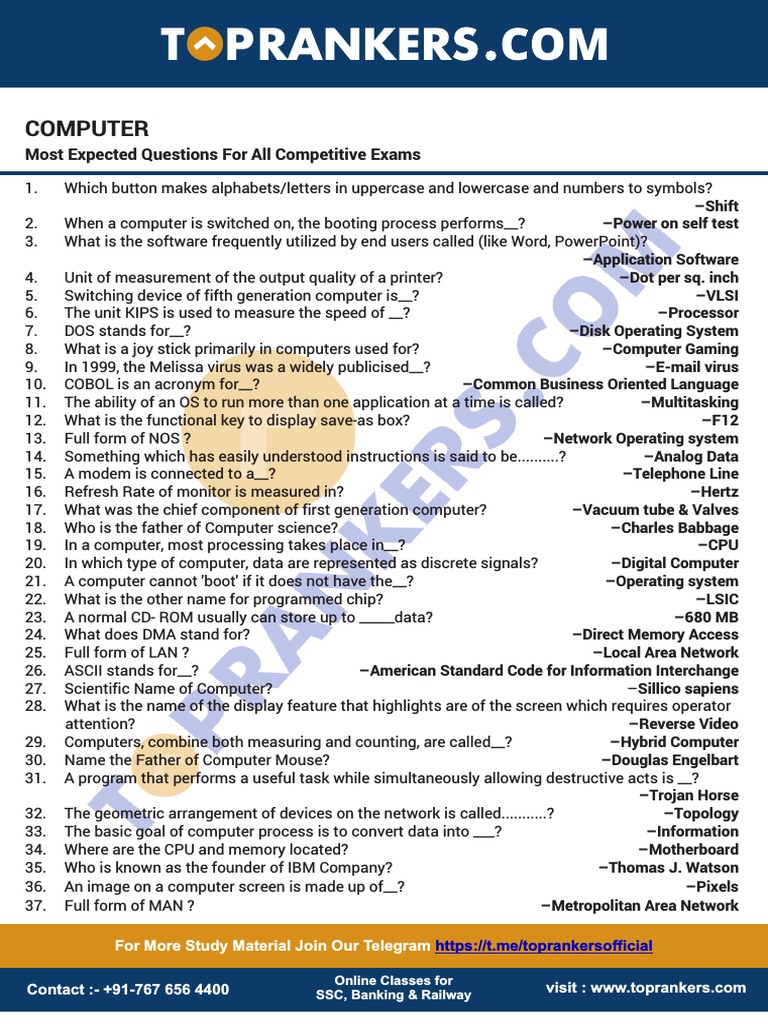 100 Most Important Questions Computer | PDF | Operating System | Random Access Memory