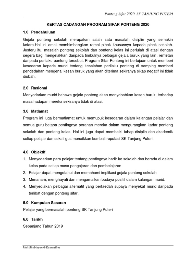 Kertas Kerja Sifar Ponteng 2019 | PDF