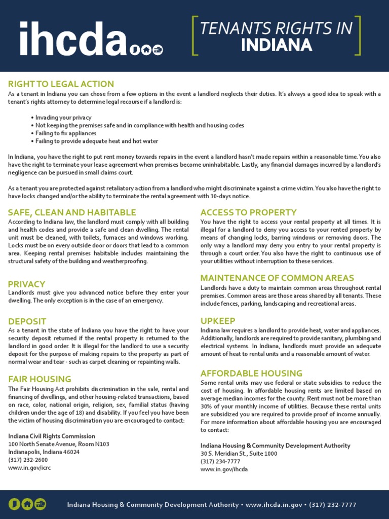 IHCDA Tenants Rights in Indiana Final | PDF | Landlord | Rights