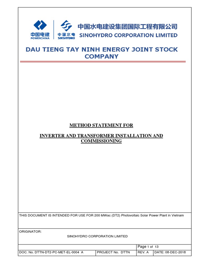 DTTN-DT2-PC-MET-EL-0004 A Method Statement For Inverter and Transformer ...