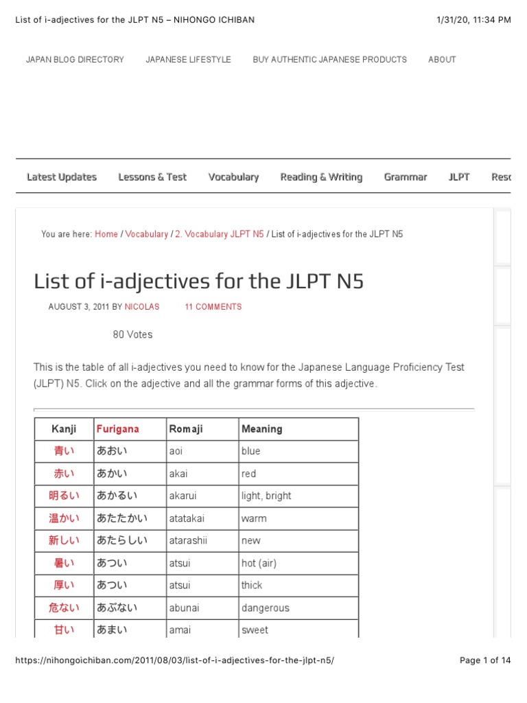 JLPT N5 I-Adjectives List | PDF | Japanese Language | Languages