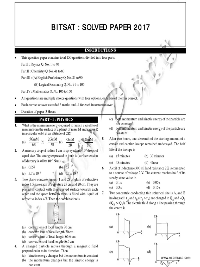 BITSAT Solved Paper 2017 PDF | PDF | Inductor | Magnetic Field