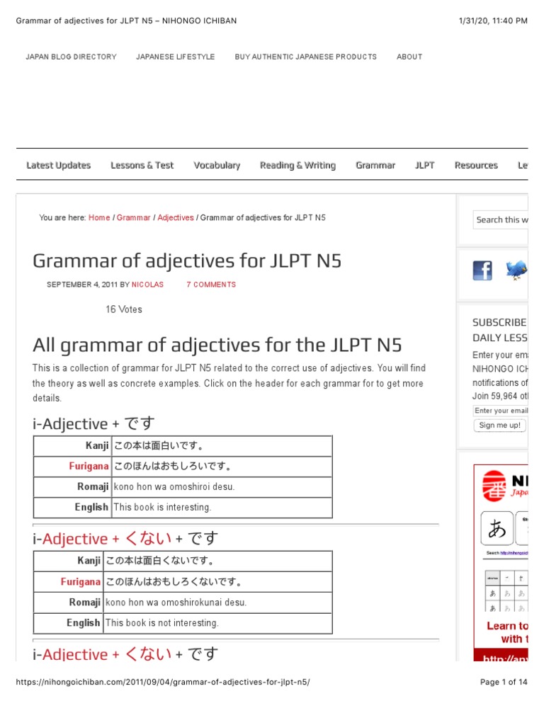 Grammar of Adjectives For JLPT N5 (Small) | PDF | Japanese Language | Kanji