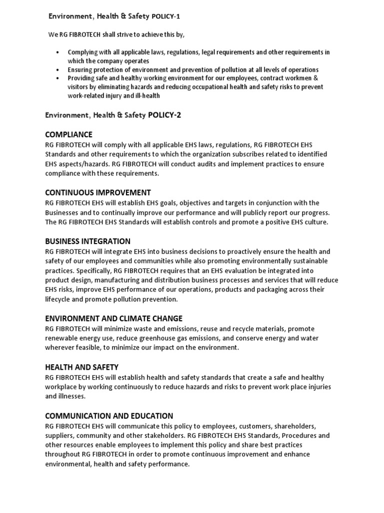 Ehs Policy | PDF | Occupational Safety And Health | Safety