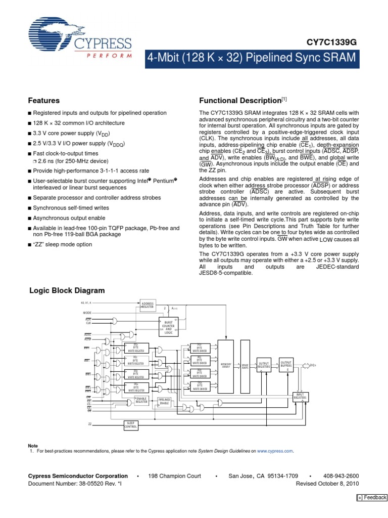 4-Mbit (128 K × 32) Pipelined Sync SRAM: Features Functional Description | PDF | Input/Output ...