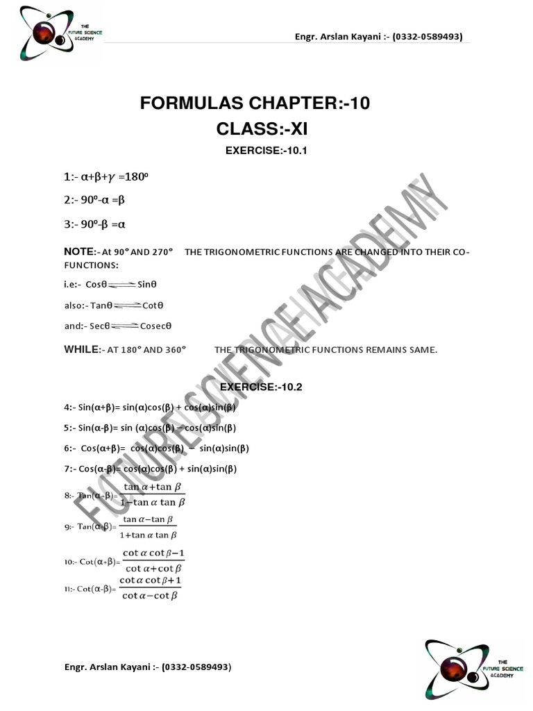Formula Sheet | PDF | Trigonometric Functions | Angle