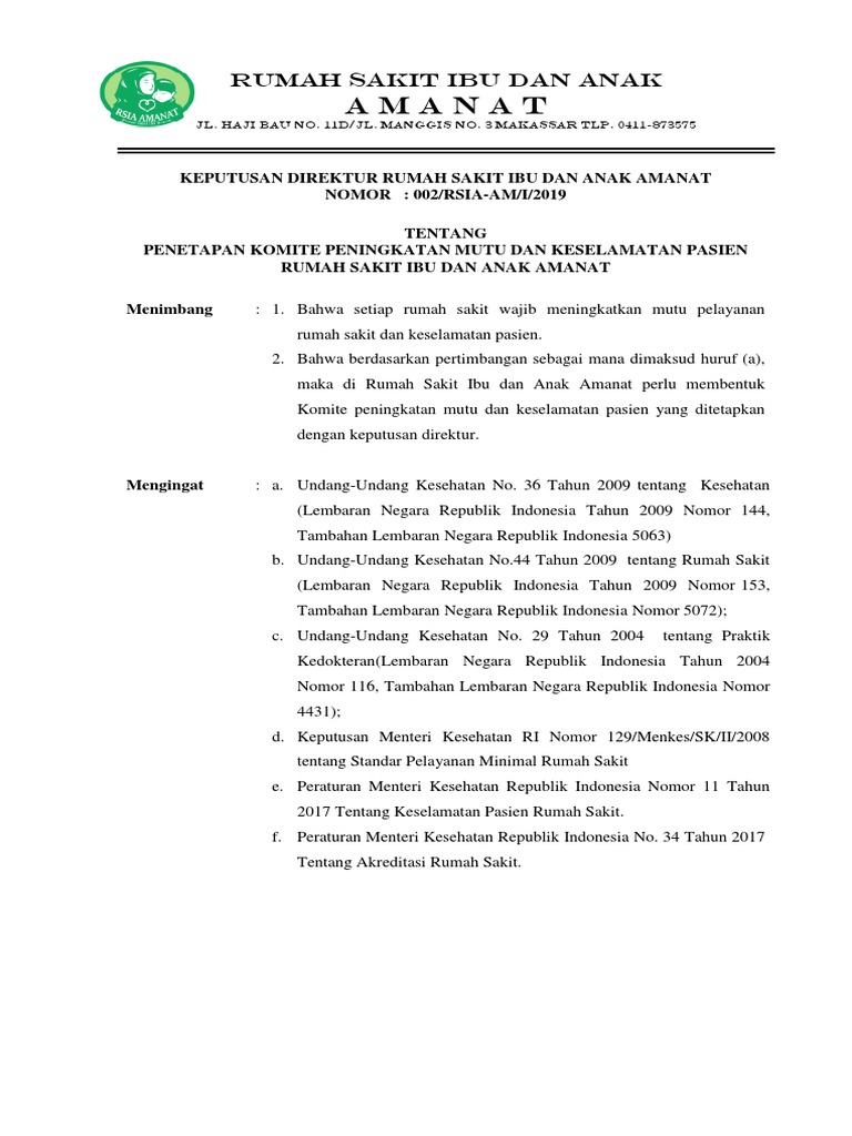 Komite Keselamatan Pasien RSIA Amanat | PDF