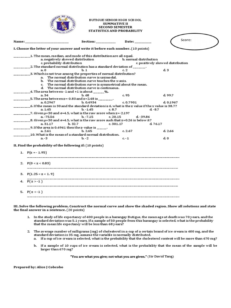Summative Test | PDF | Skewness | Mean
