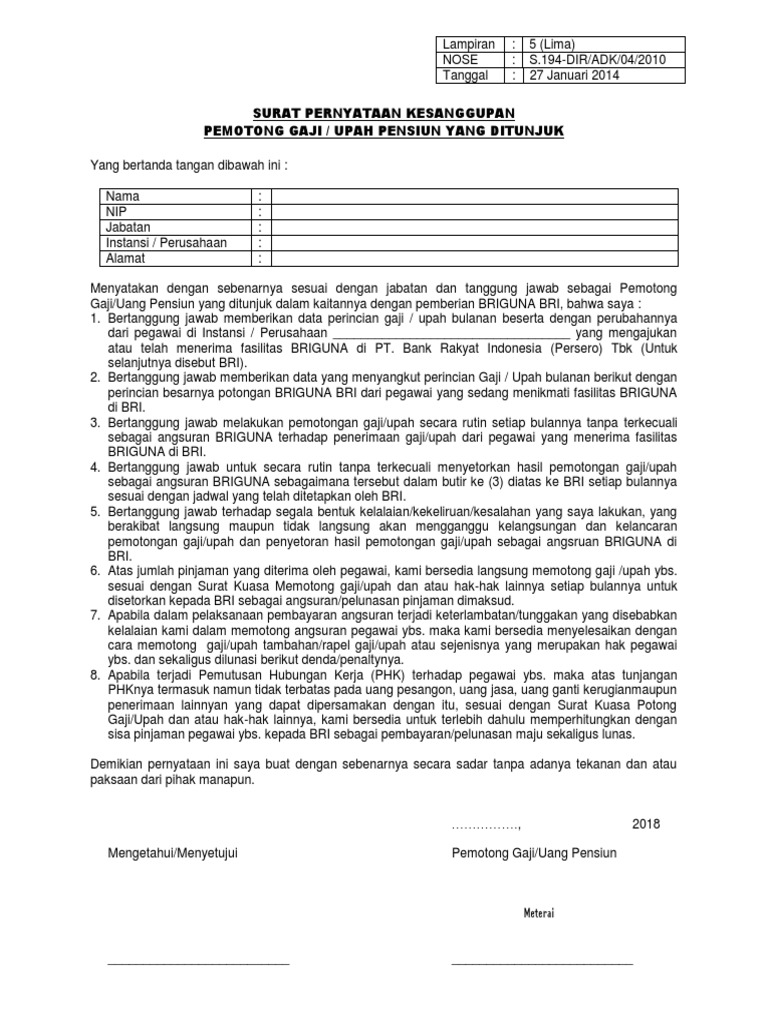 Surat Pernyataan Kesanggupan Pemotong | PDF