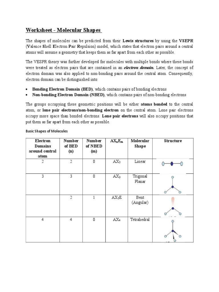 VSEPR Theory and Molecular Shapes Worksheet | PDF | Molecules ...