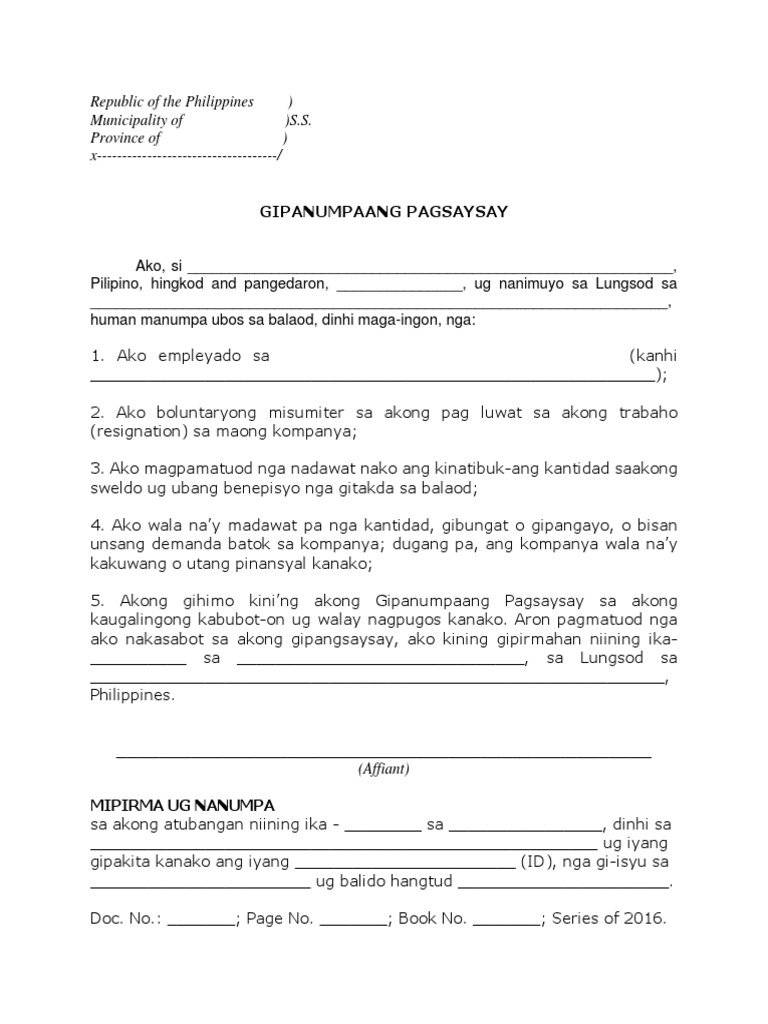 Gipanumpaang Pagsaysay Quit Claim Form Bisaya | PDF