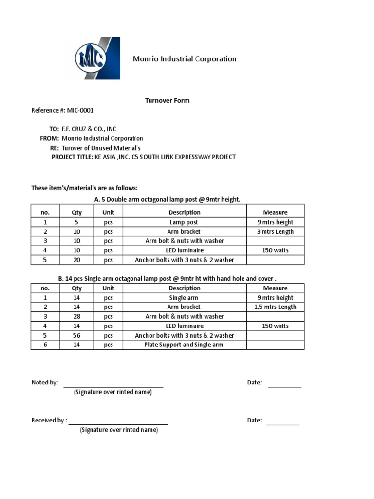 Turn Over Form | PDF