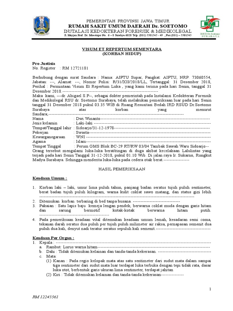 Contoh Visum Et Repertum Korban Hidup | PDF