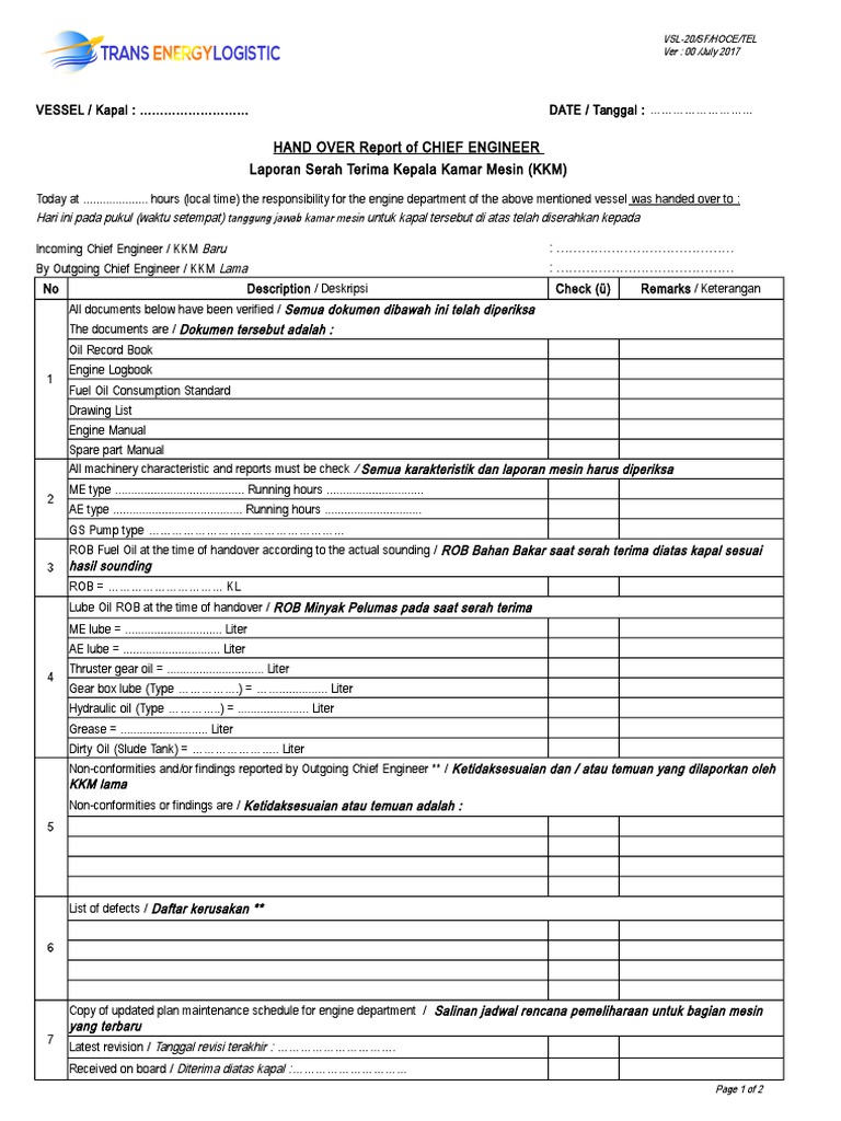 Chief Engineer Handover Report | PDF | Machines | Oils