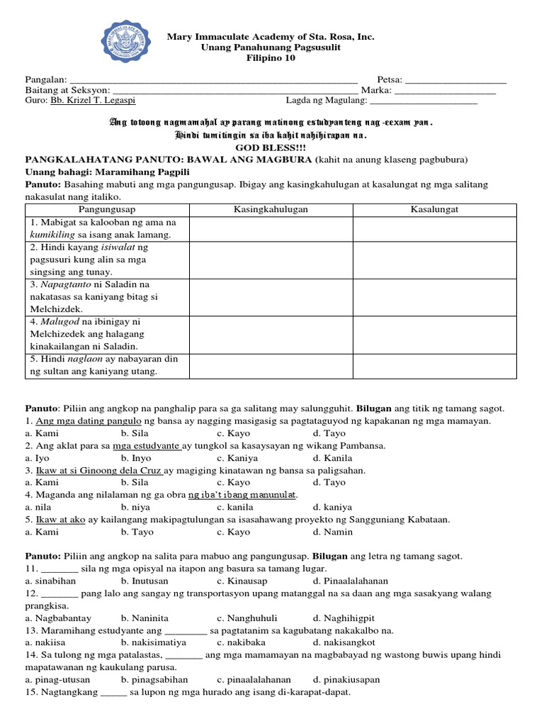 1st Grading Exam Fil10 | PDF
