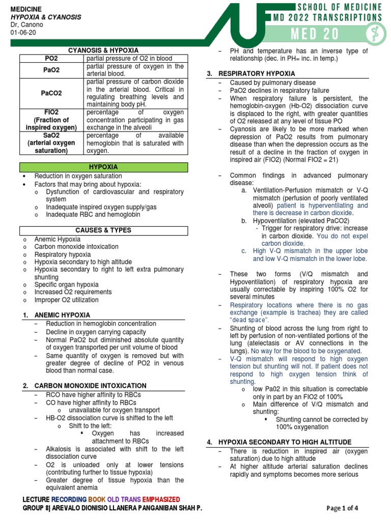 Med 2P Hypoxia and Cyanosis | PDF | Hypoxia (Medical) | Respiratory System