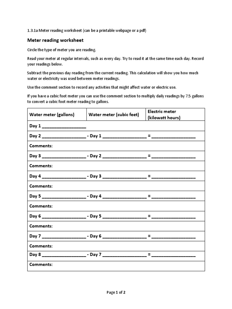 Meter Reading Worksheet Home | PDF | Nature