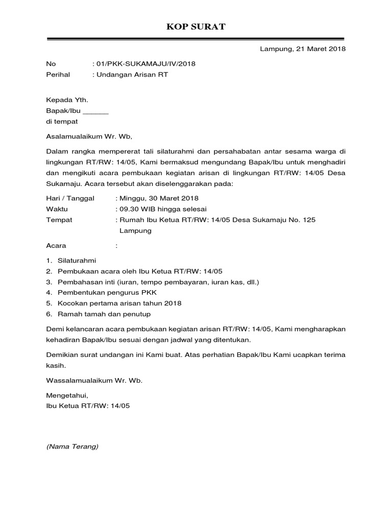 Contoh Surat Undangan Arisan RT | PDF