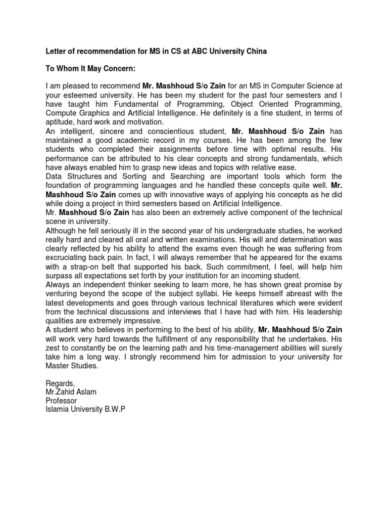 Sample Letter Of Recommendation LOR For MS Admission Format, 58% OFF