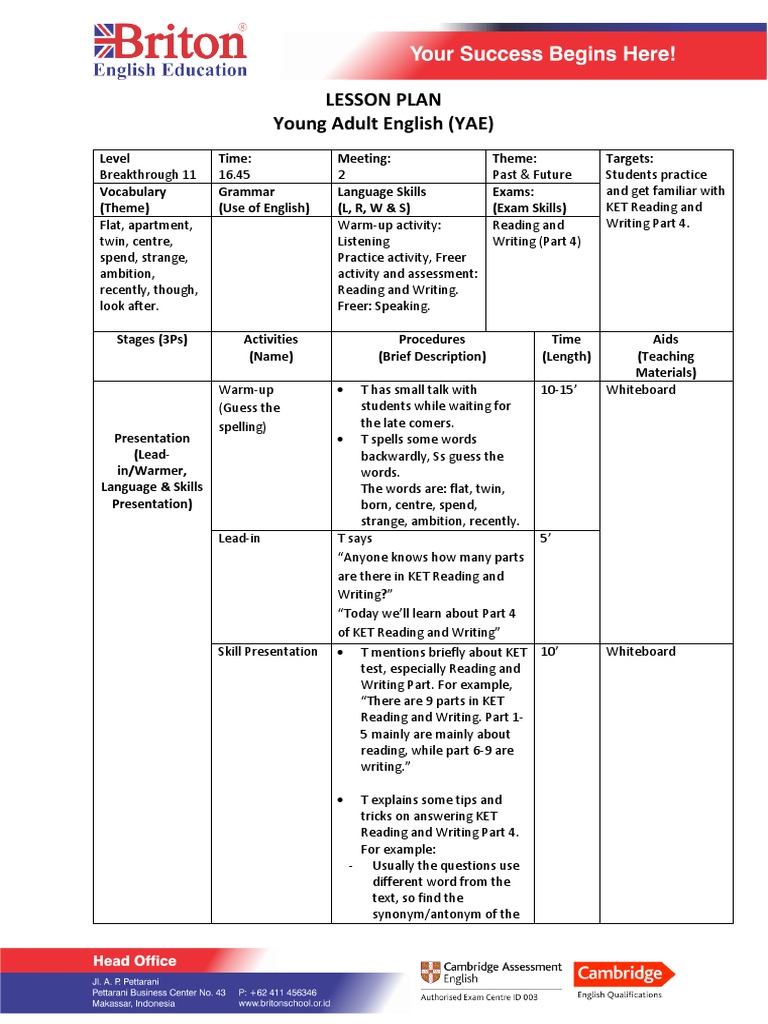KET Reading & Writing Prep | PDF | English Language | Lesson Plan