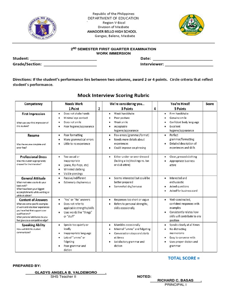 Rubrics For Work Immersion | PDF