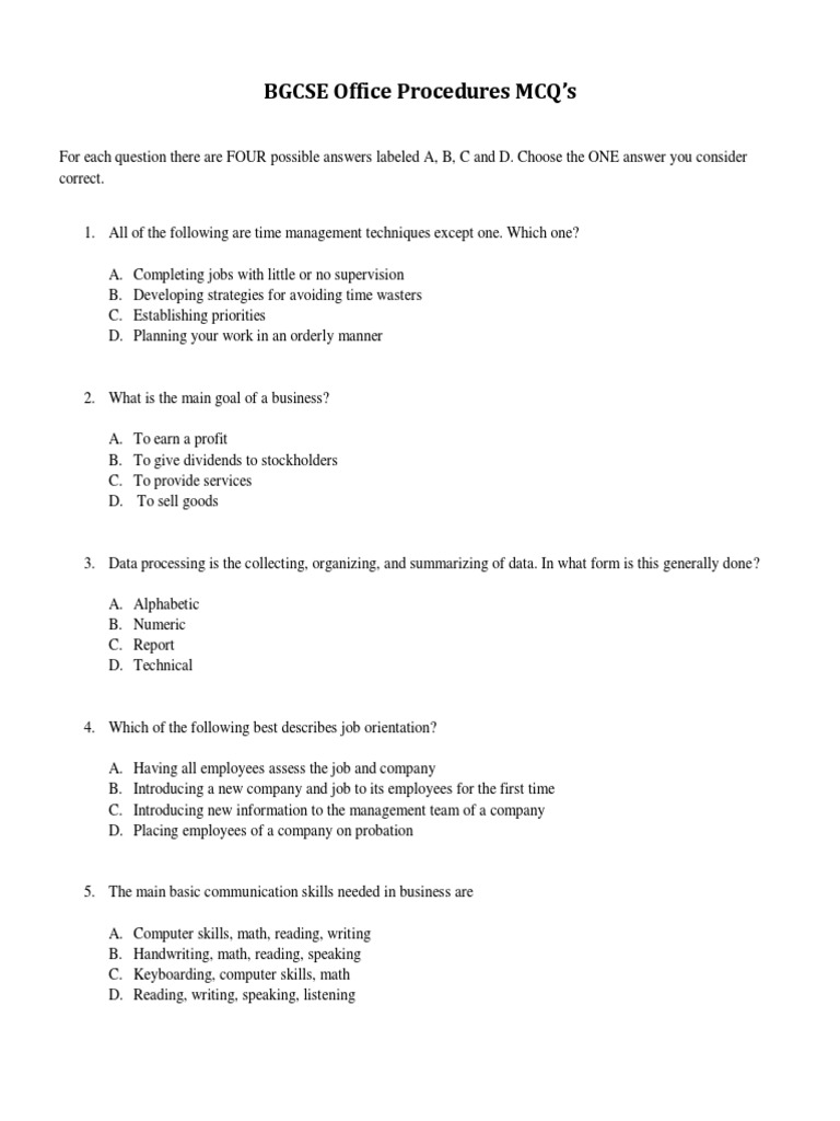 Office Procedures MCQs | PDF | Employment | Business