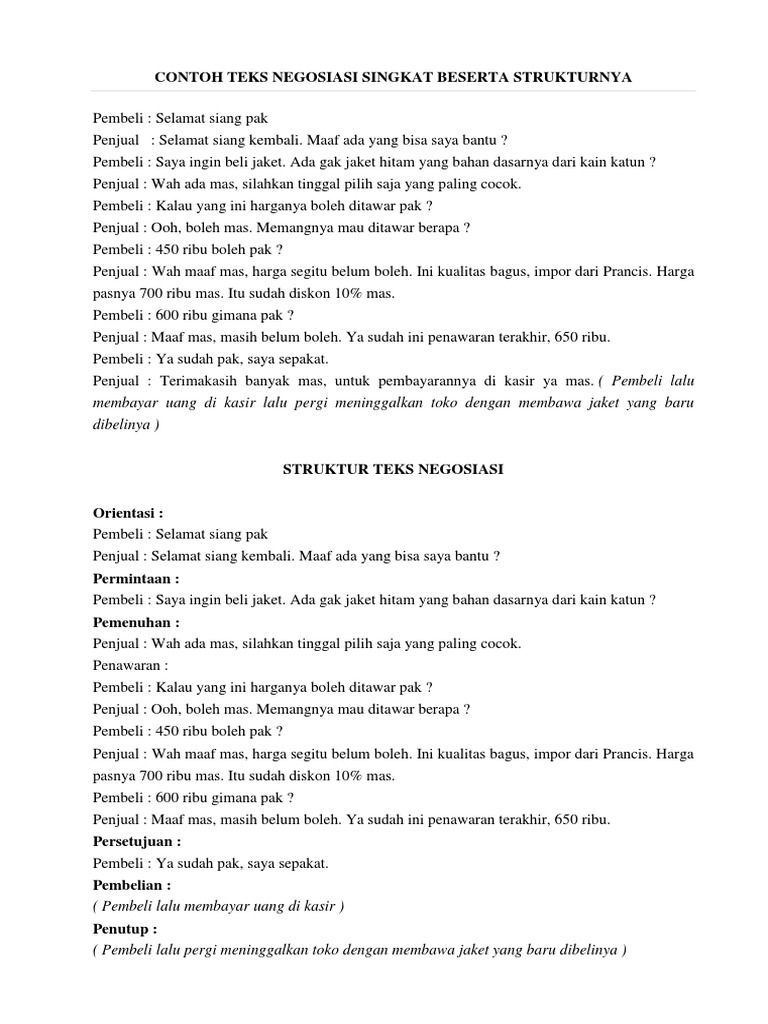 Contoh Teks Negosiasi Singkat Beserta Strukturnya | PDF