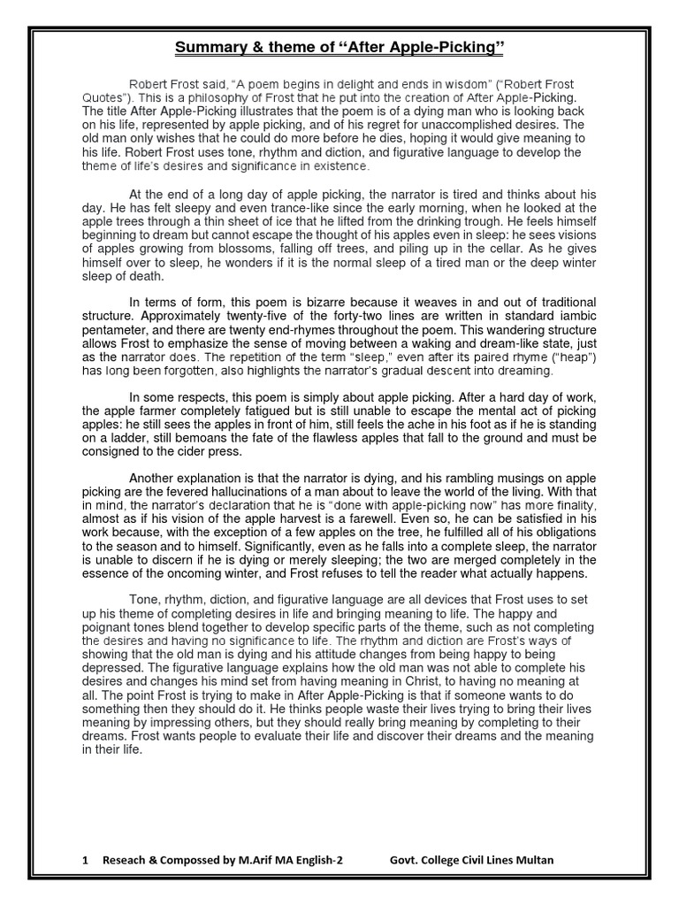 Analysis of Robert Frost's Poem 'After Apple-Picking' and its ...
