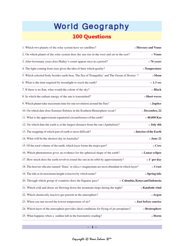 100 Geography Questions English | PDF | Sun | Earth