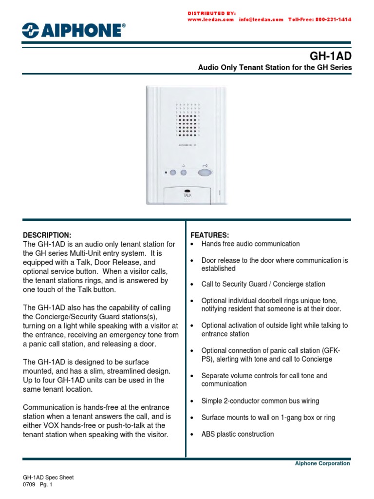 AIPHONE GH-1AD Spec | PDF | Electrical Wiring | Electrical Engineering