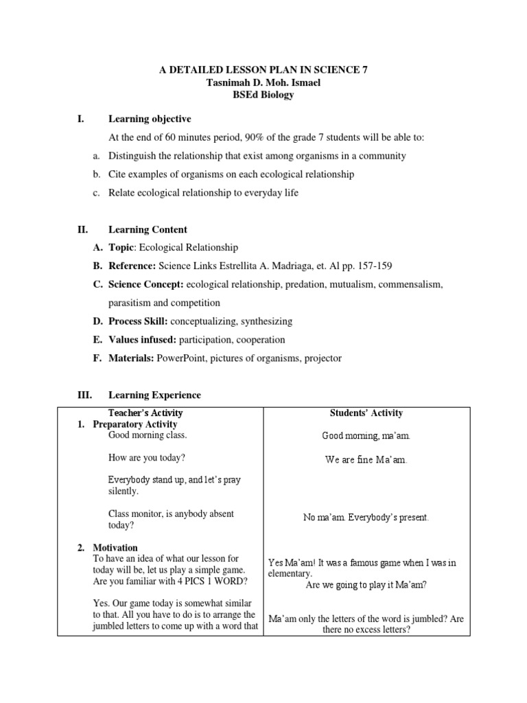 Detailed LESSON PLAN IN SCIENCE 7 | PDF | Symbiosis | Parasitism
