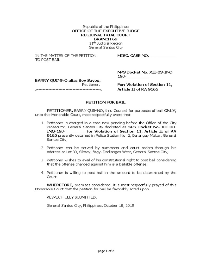 Petition For Bail | PDF | Bail | Separation Of Powers