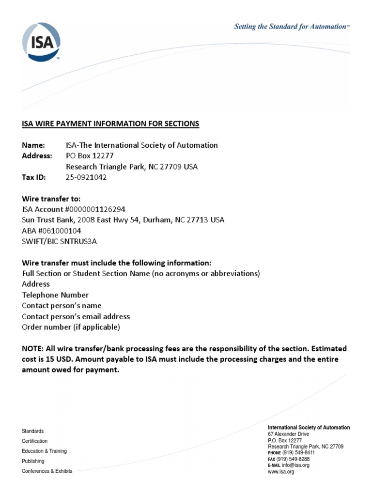ISA Wire Payment Instructions For Sections PDF | PDF